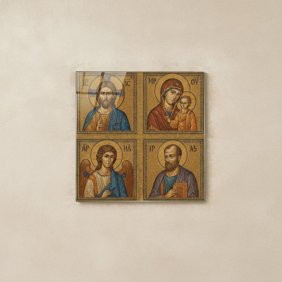 Four Panel Byzantine Icon Glass Wall Art, Christ Virgin Mary Child ...