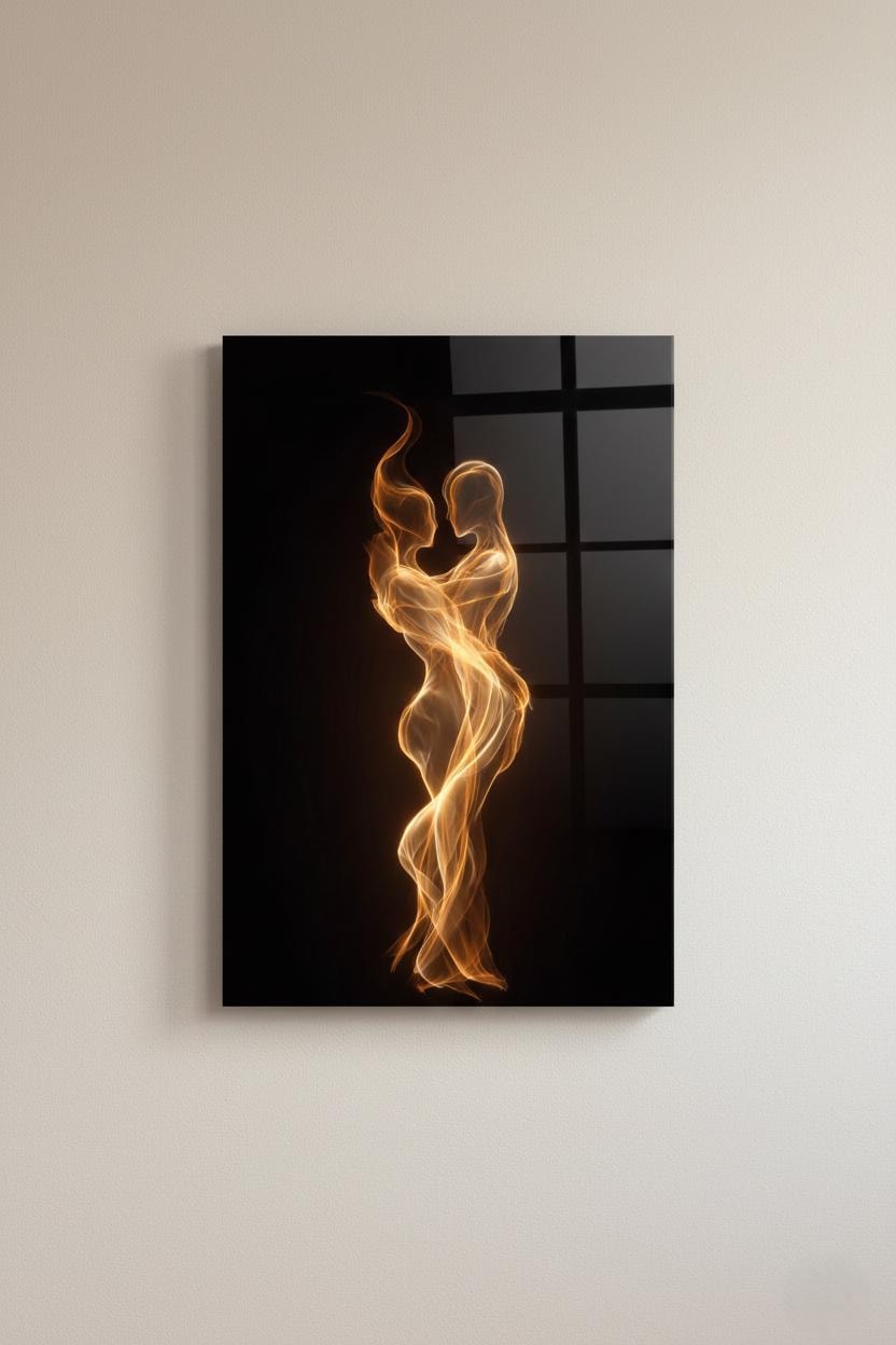 Flame Couple Glass Wall Art Print,abstract Romantic Silhouette,golden ...