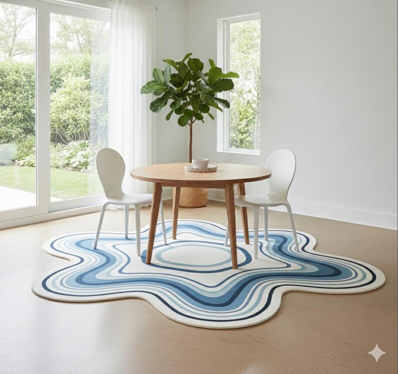 Buy Abstract Wavy Blue Wool Rug: Modern Irregular Shape, Hand-tufted ...