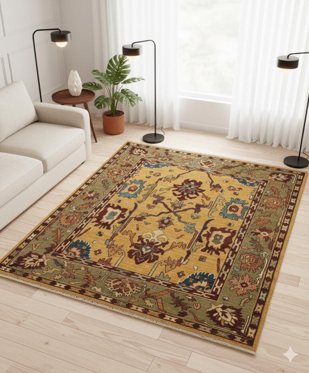 Mustard Yellow Border Olive Green Oushak Style Wool Rug, Hand-knotted ...