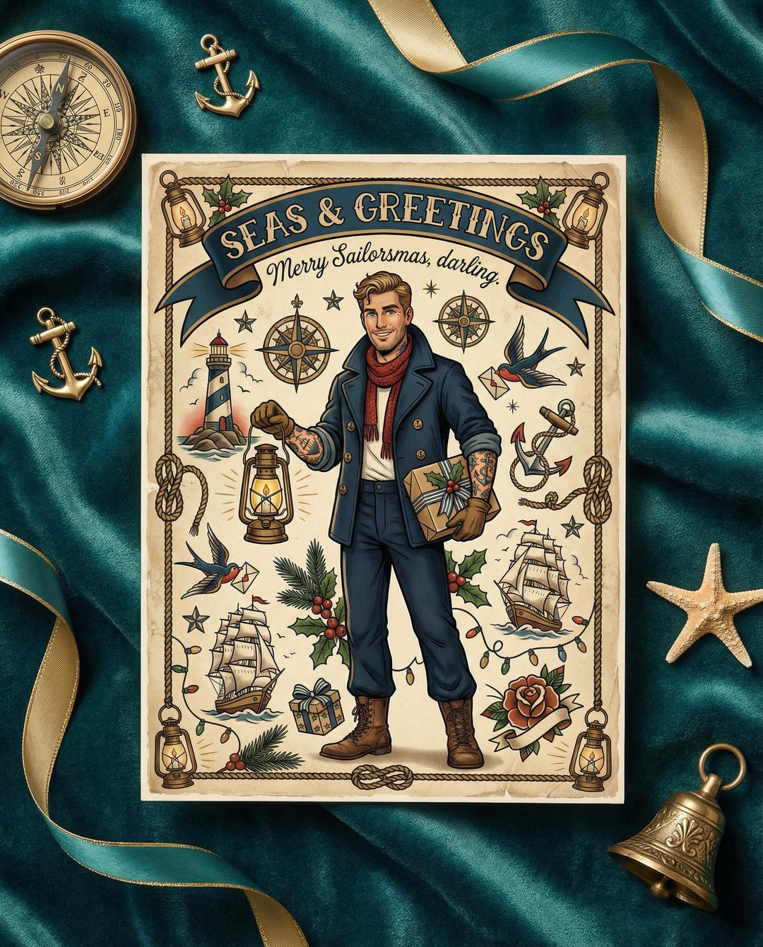 Seas Greetings Christmas Card | Vintage Nautical Sailor Holiday ...