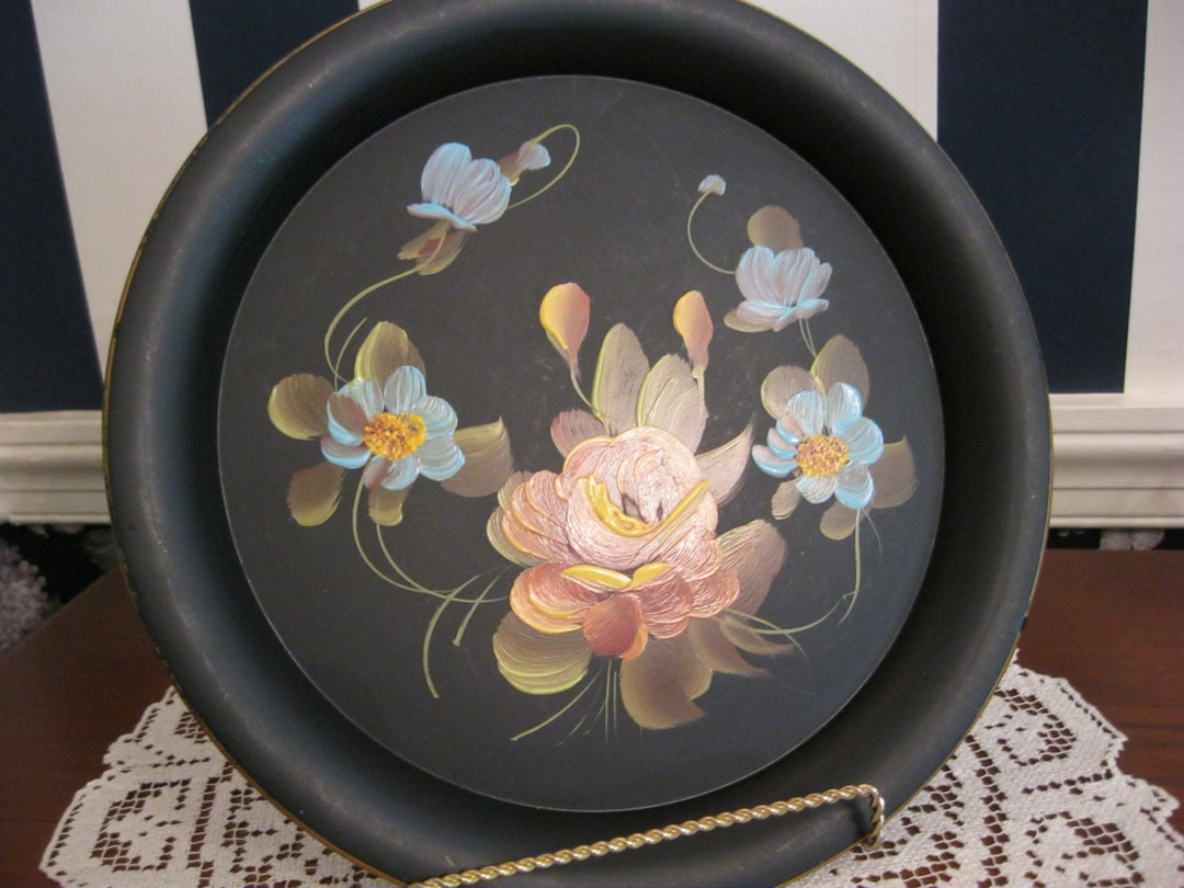 Two Hand Painted Tole Trays Round and Retangular by Phila - Etsy