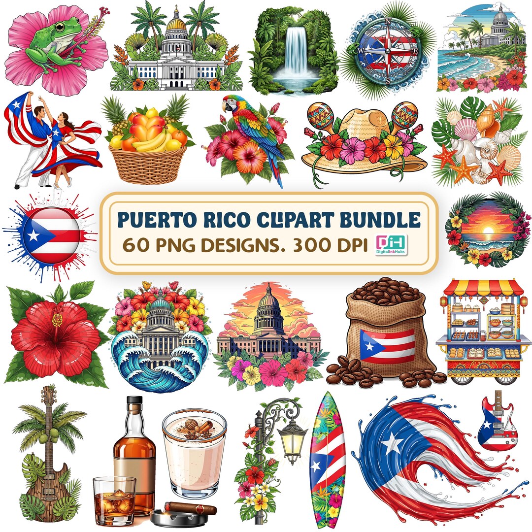 Puerto Rico Clipart Bundle, Tropical PNG, Boricua Pride, Sapo Concho ...