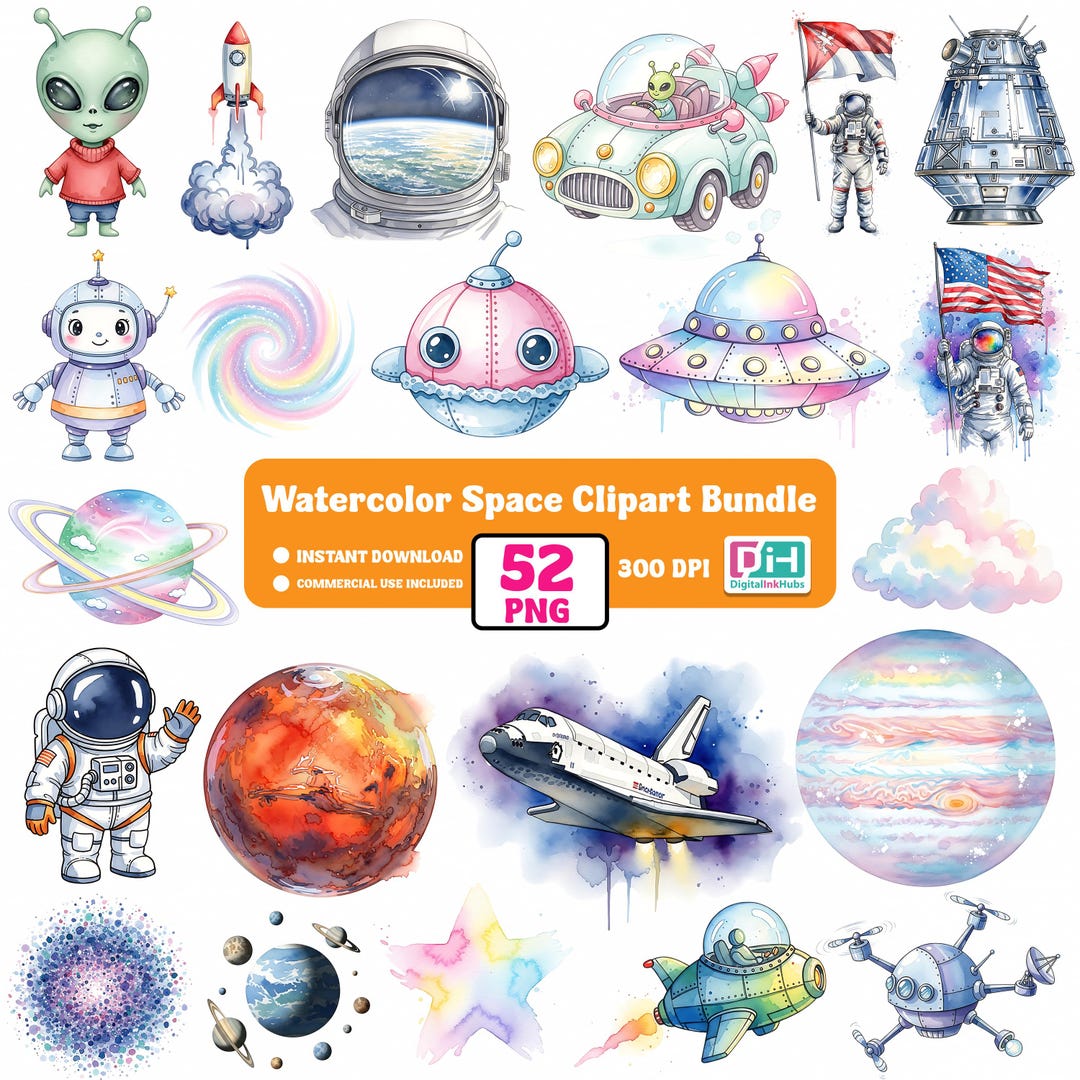 Watercolor Space Clipart Bundle, Galaxy Planets Clipart, Astronaut ...
