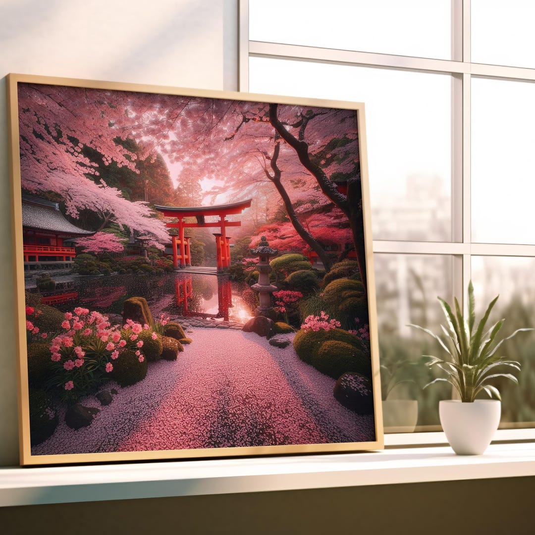 Heian Shrine Garden Torii Gate Art | Soft Pink Cherry Petal Carpet ...