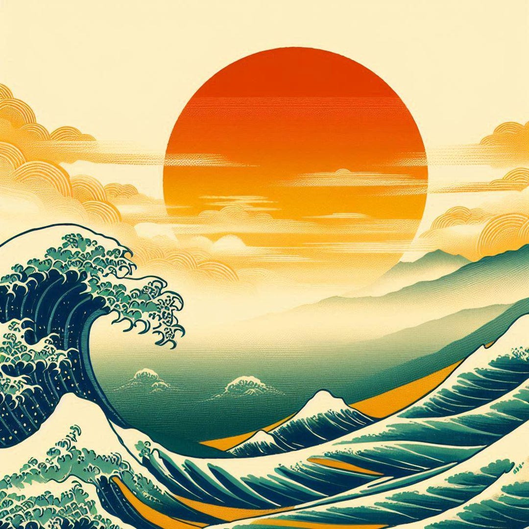 Ukiyo-e Rising Sun Art | Japanese Ocean Print | Calm Wave Poster - Etsy