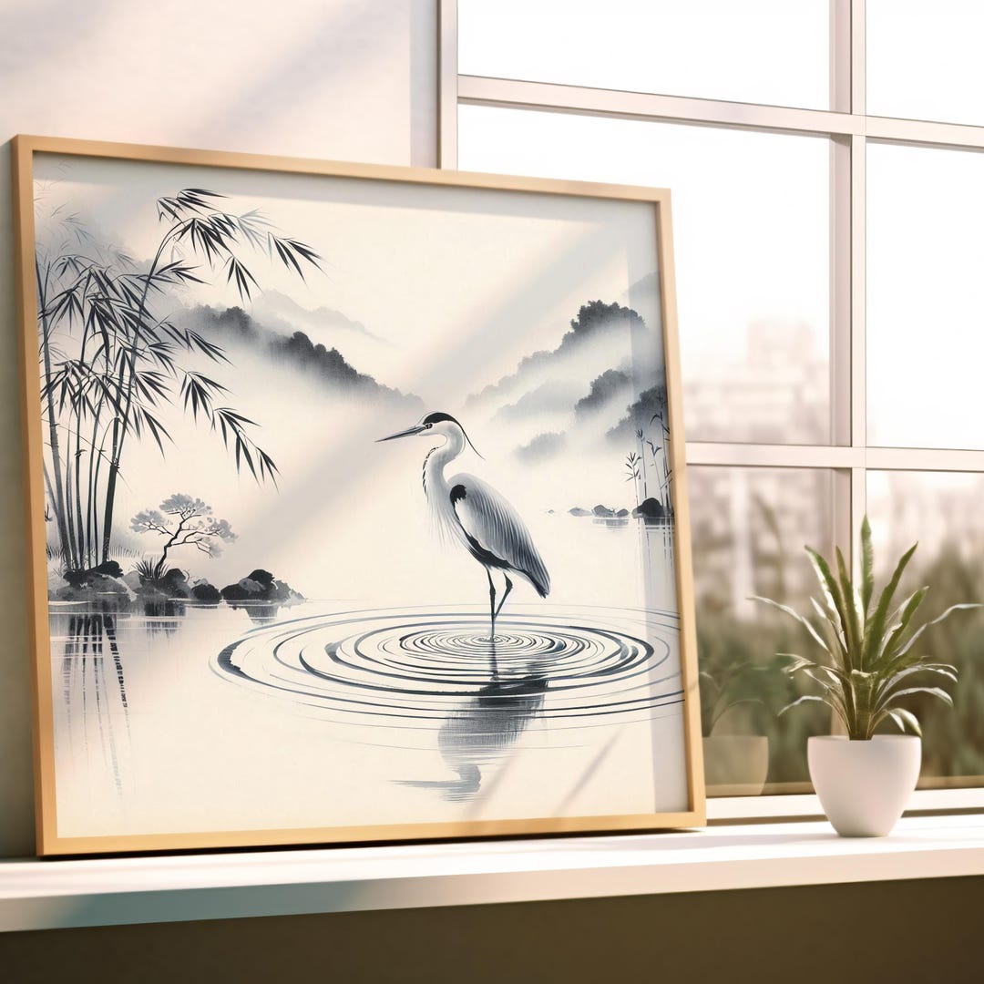 Sumi-e Heron Standing in Shallow Water – Minimalist Japanese Ink Art ...