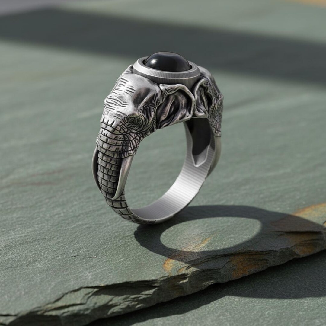Elephant Ring 925 Sterling Silver Mens Statement Signet Ring With Black ...