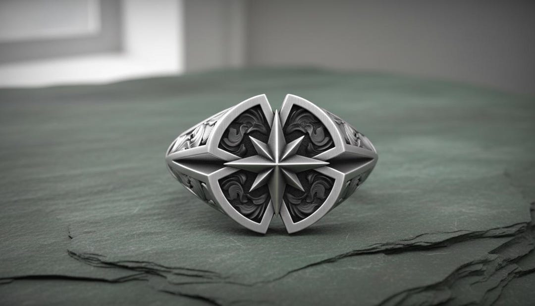 Compass Star Ring 925 Sterling Silver Mens Statement Signet Ring ...