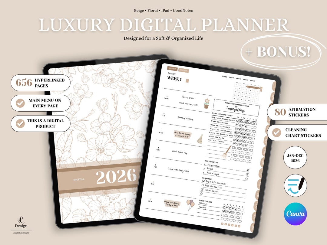 Luxury Digital Planner Floral Weekly Tracker Daily Beige Planner ...