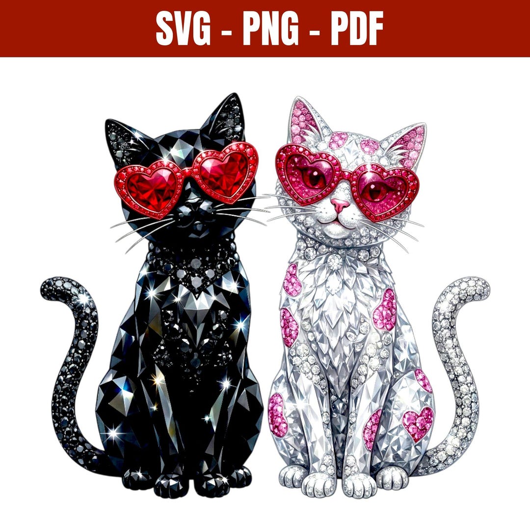 Rhinestone Cat Couple SVG, Bling Kitten Valentine Design (PNG, PDF) - Etsy