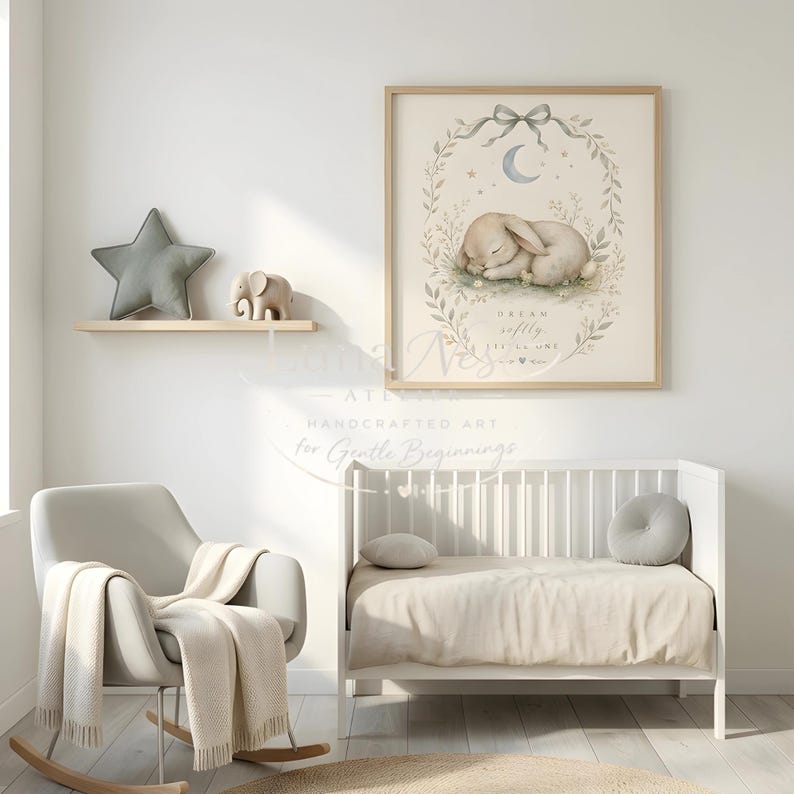 Sleeping Bunny Nursery Print, Neutral Woodland Nursery Decor, Baby ...
