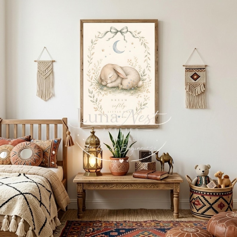 Sleeping Bunny Nursery Print, Neutral Woodland Nursery Decor, Baby ...