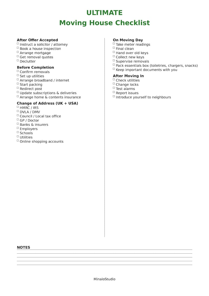 Ultimate Moving House Checklist – Printable UK & USA Moving Planner - Etsy
