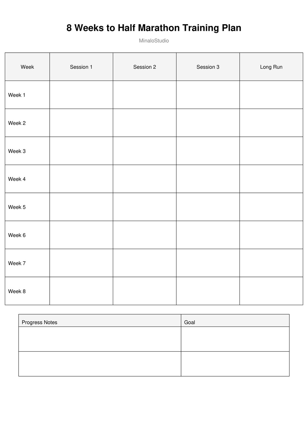 8 Week Half Marathon Training Plan Printable | Running Planner | Half ...
