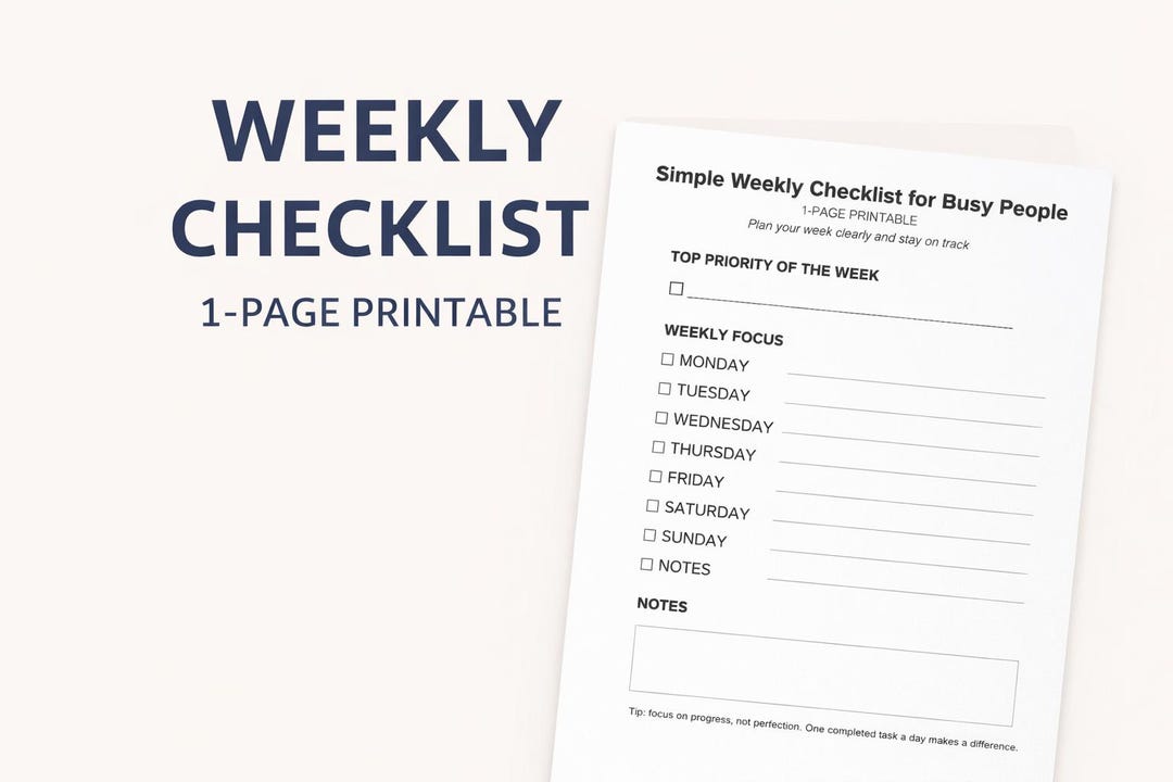Simple Weekly Checklist for Busy People | 1-page Printable Weekly ...
