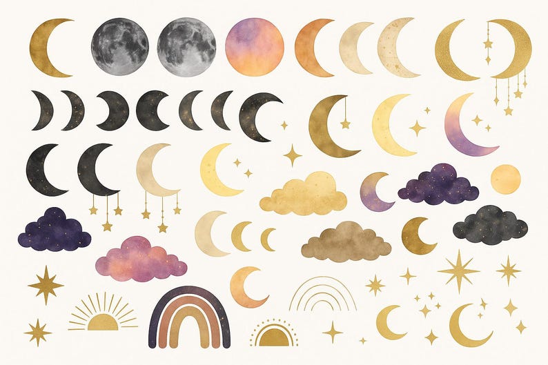 Mystical Moon & Magic Clipart Bundle – 200 Pngs – Crystals, Stars ...