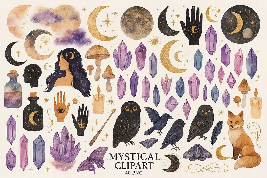 Mystical Moon & Magic Clipart Bundle – 200 Pngs – Crystals, Stars ...