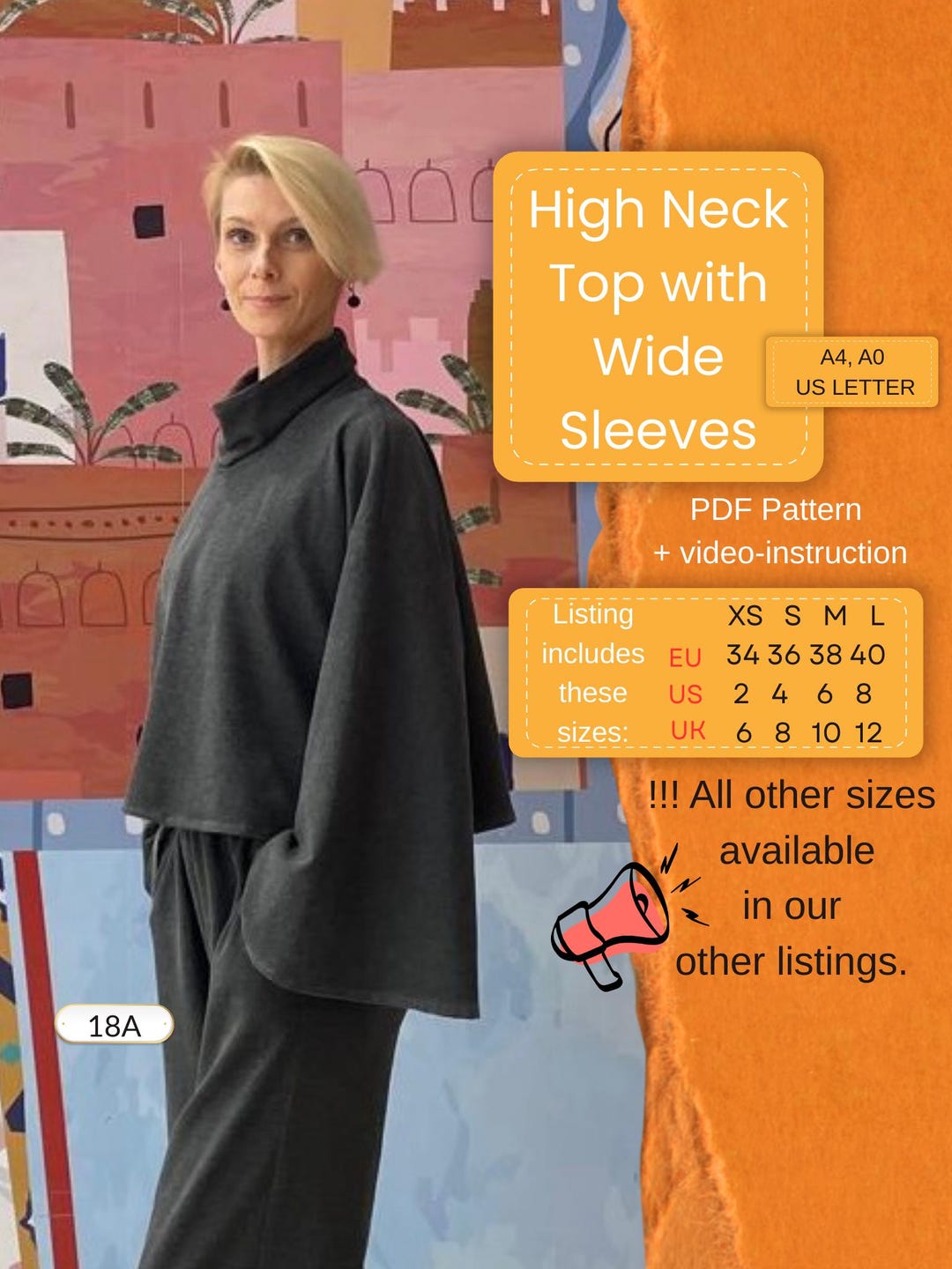 Wide Sleeve Top Sewing Pattern | High Neck Fitted Design (sizes 34-40 ...