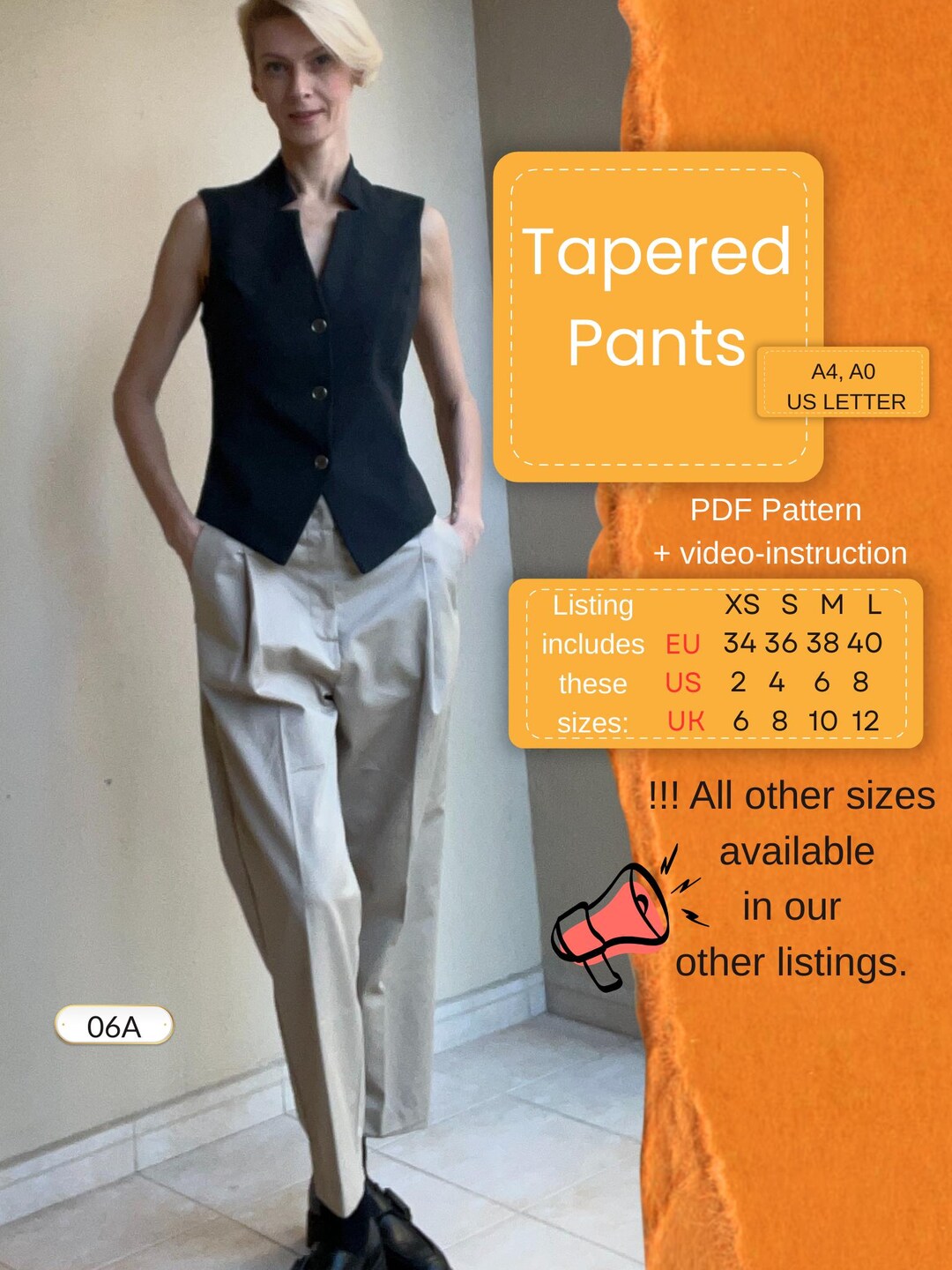 Tapered Pants Sewing Pattern PDF | Relaxed Fit Trousers With Slash ...