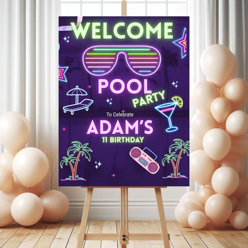 Neon Splash Pool Party Welcome Sign, Teen Summer Birthday Decor ...