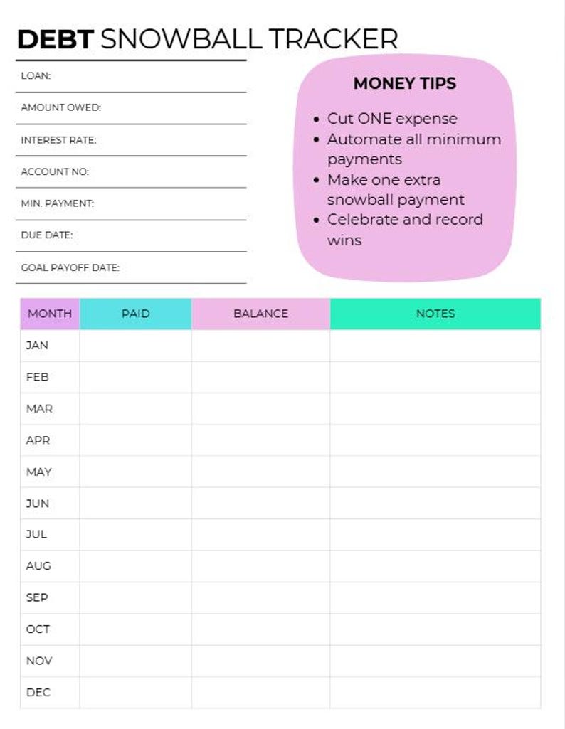 Debt Snowball Worksheet | Monthly Debt Tracker | Printable Budget ...