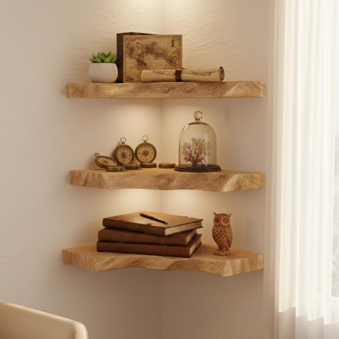 Rustic Teak Root Wood Corner Shelf - Live Edge Dark Walnut Corner Shelf ...