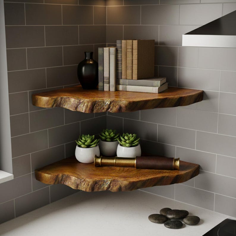 Rustic Teak Root Wood Corner Shelf - Handcrafted Live Edge Corner Wall ...