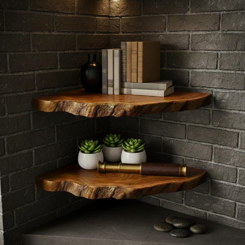 Rustic Teak Root Wood Corner Shelf - Handcrafted Live Edge Corner Wall ...