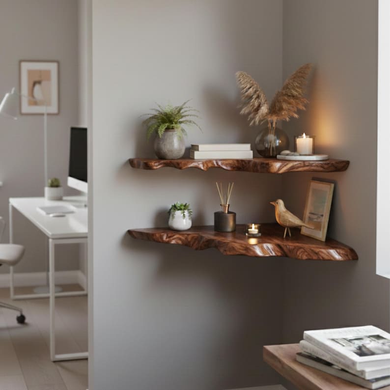 Floating Corner Shelves - Handmade Live Edge Corner Shelves - Rustic ...