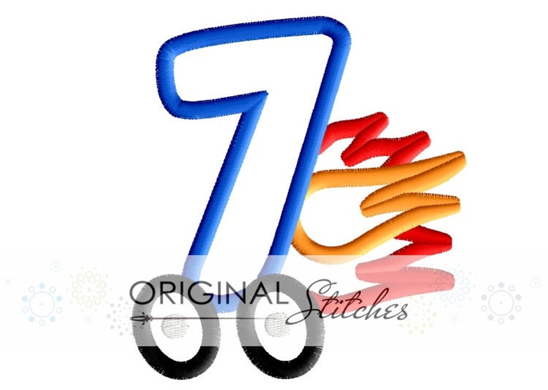 Number 7 Seven Racing Flames Birthday Applique and Embroidery Digitized ...