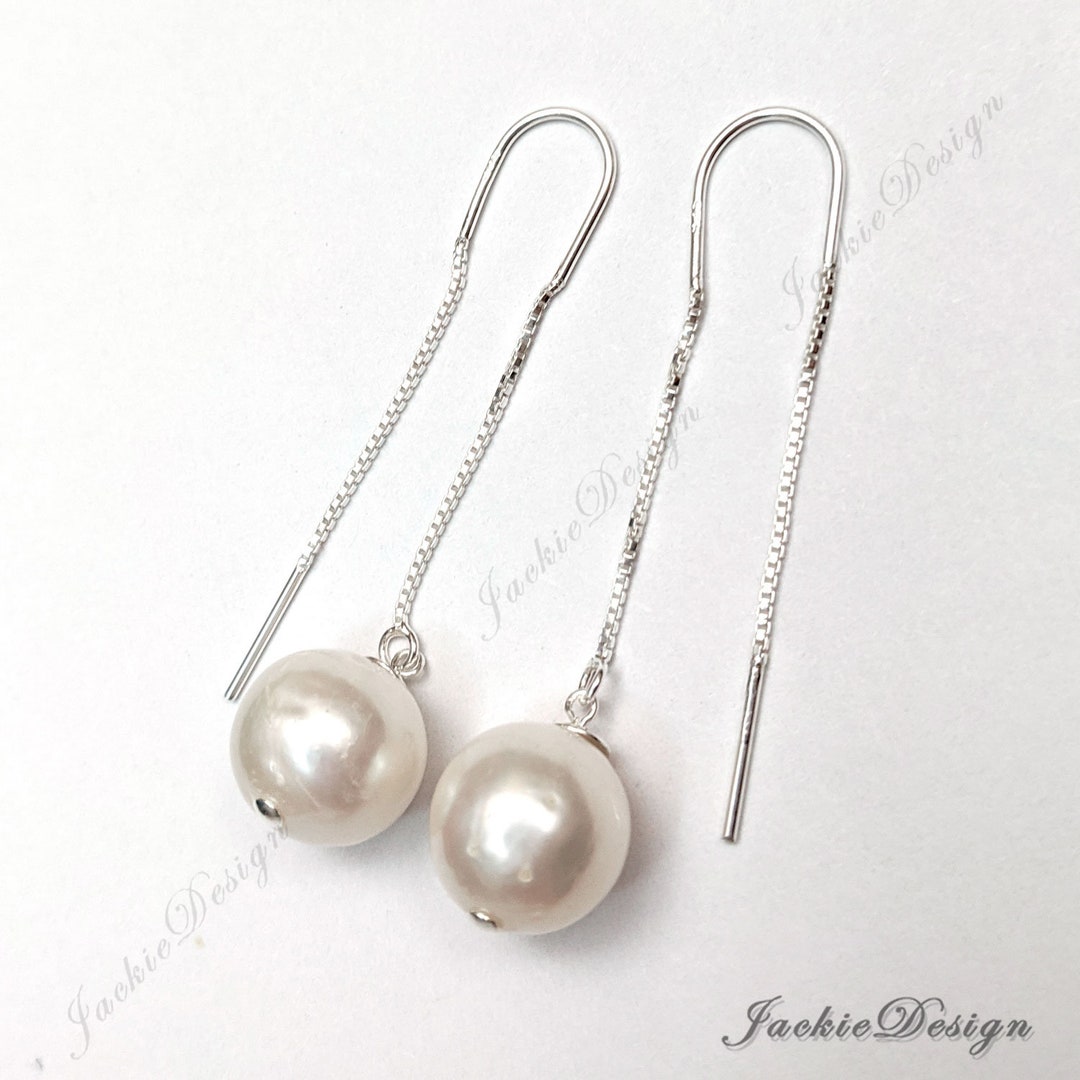 12mm Drop 12mm Pearl Ear Threader Sterling Silver Chain - Etsy