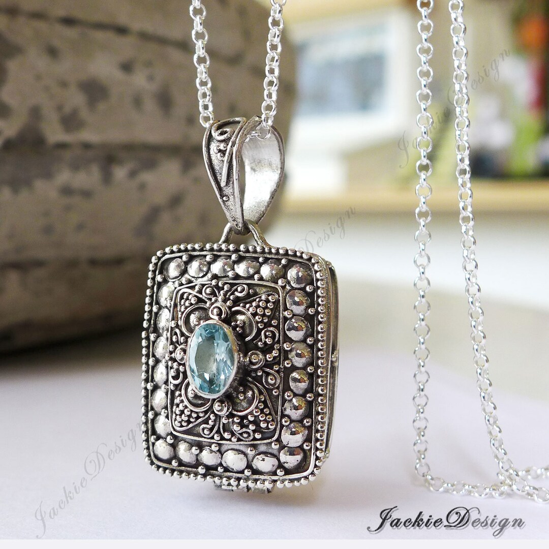 Blue Topaz Container Locket Sterling Silver Pendant 20" Chain Necklace ...