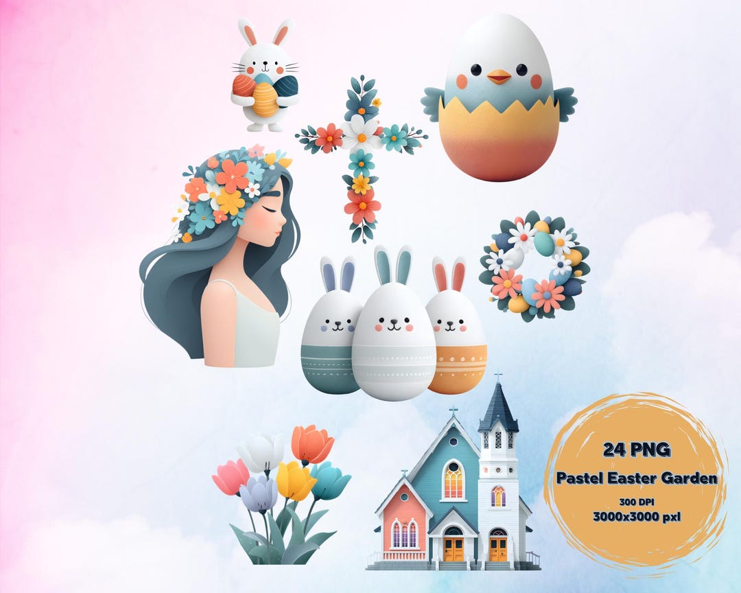 Easter Clipart Bundle, Pastel Bunny, Chick & Spring Flowers PNG, 24 ...