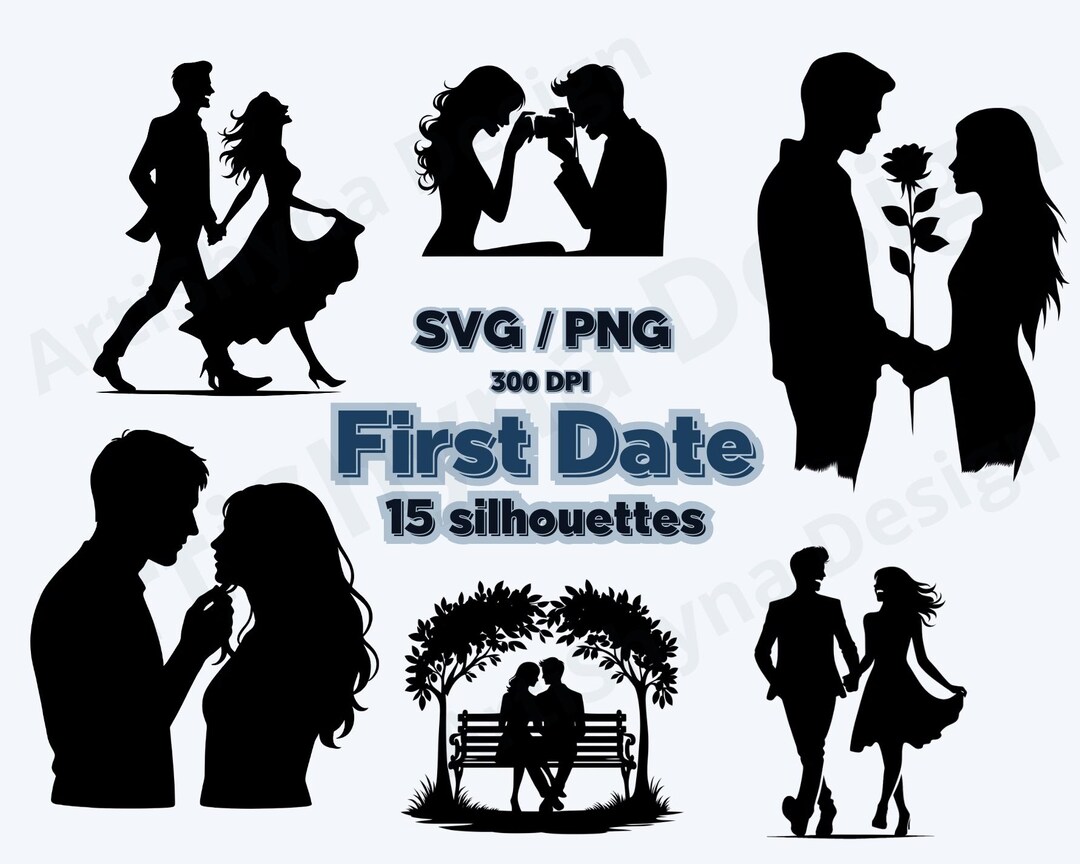 First Date Silhouettes SVG PNG, Romantic Couple Clipart, Love Story ...