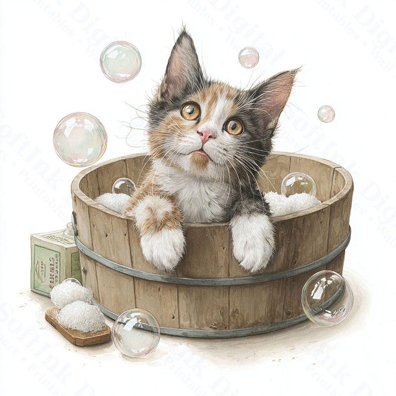 58 Cozy Spring Bubble Cat Clipart PNG Bundle, Watercolor Kitten ...