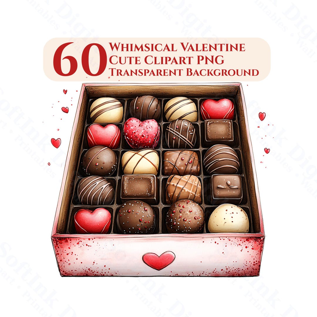 Whimsical Valentine Clipart PNG Bundle, 60 Heart Chocolate Gift Cupcake ...