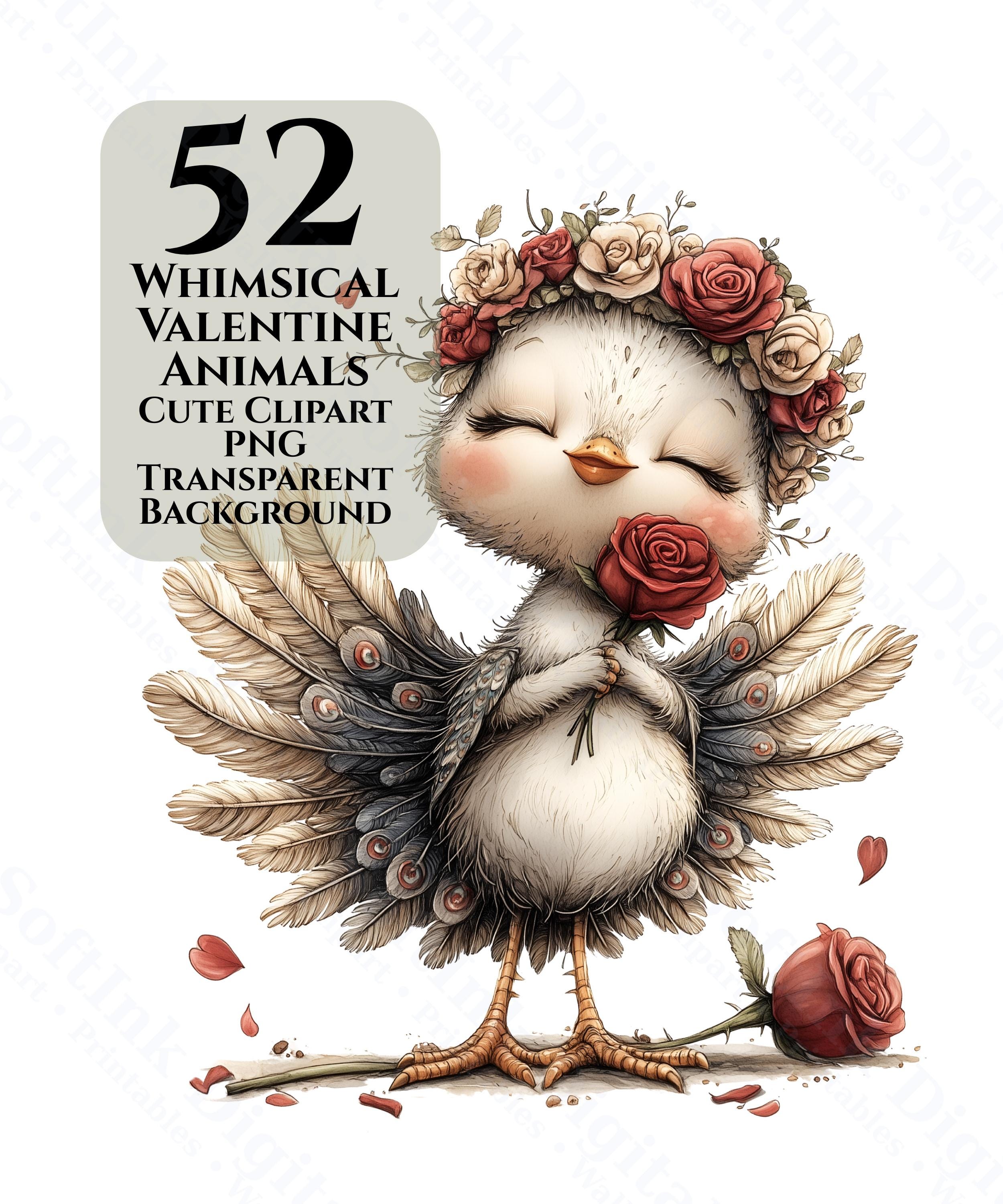Whimsical Valentine Animals Clipart Set, 52 Cute PNG, Kawaii Animal ...