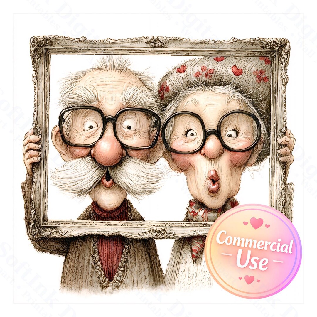 32 Whimsical Valentine Elderly Couple Clipart, Cute Old Couple PNG JPG ...