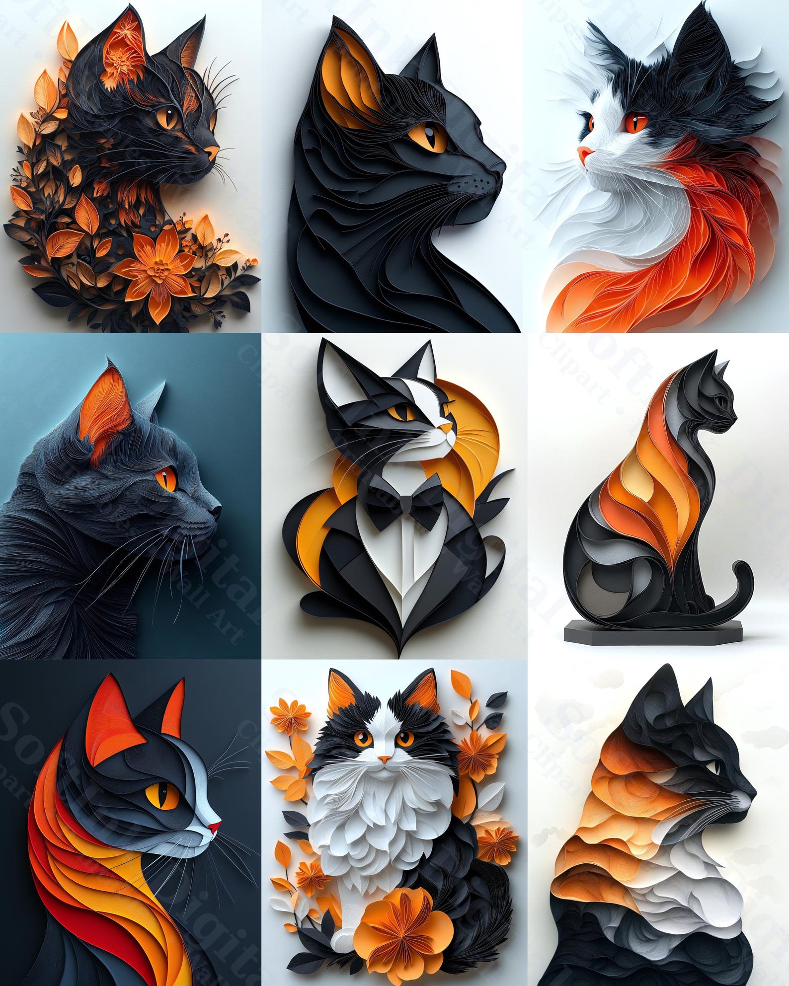 18 Papercut Cat Wall Art Prints, Layered Paper Cut Cat Set, Black ...