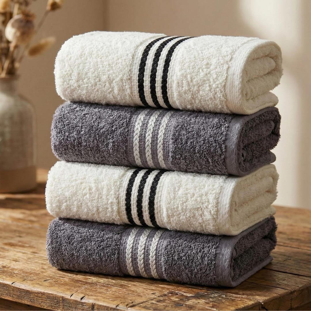 Luxury Cotton Bath Towel Set – White & Gray Modern Stripe, Absorbent, 4 ...