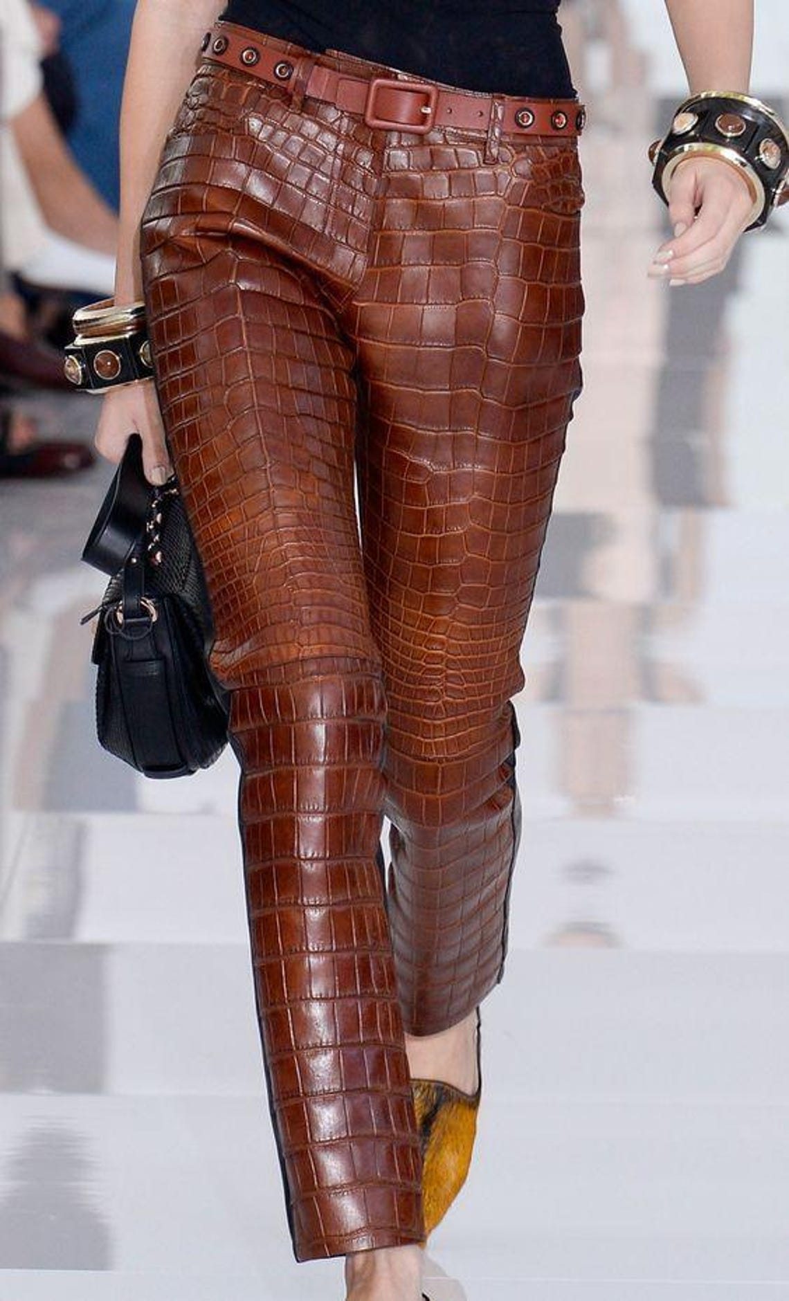 Women's Brown Waxed Cowhide Crocodile-embossed Leather Pants: Luxury ...