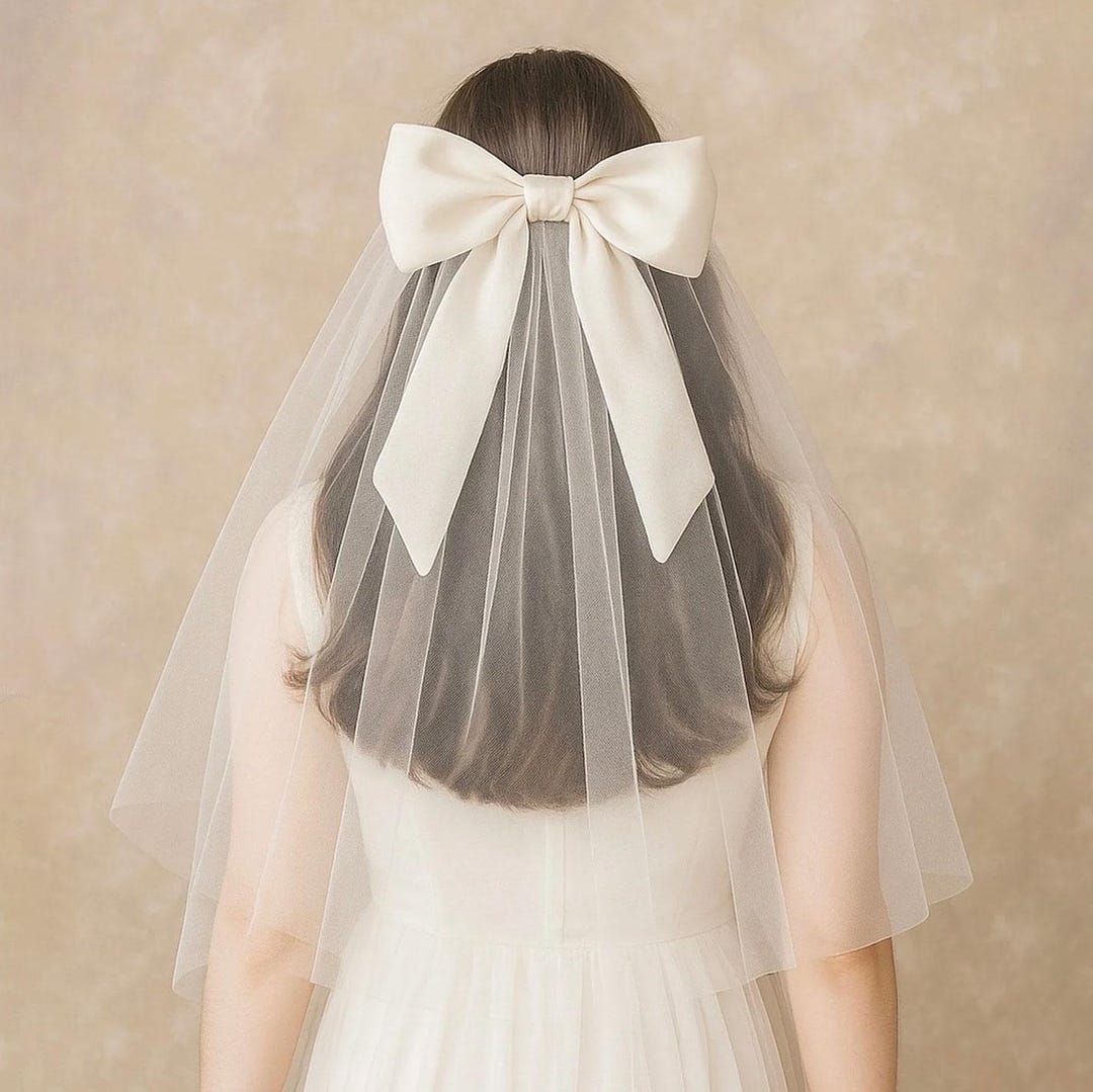 Bow Wedding Veil • Satin Bow Bridal Veil • Cut Edge Veil • Minimal ...