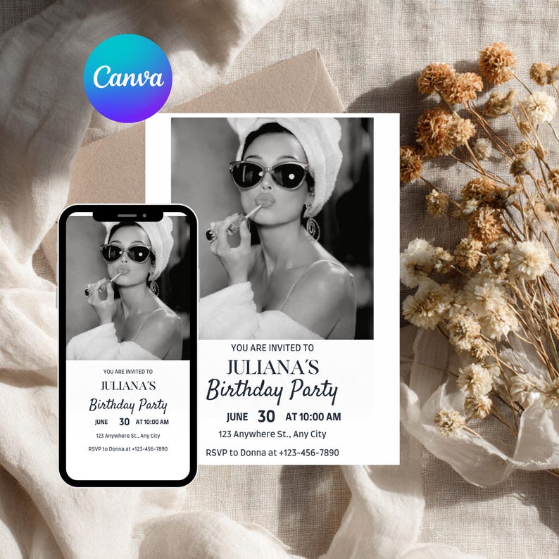 Audrey Chic Birthday Invitation Template, Black & White Glam Party ...