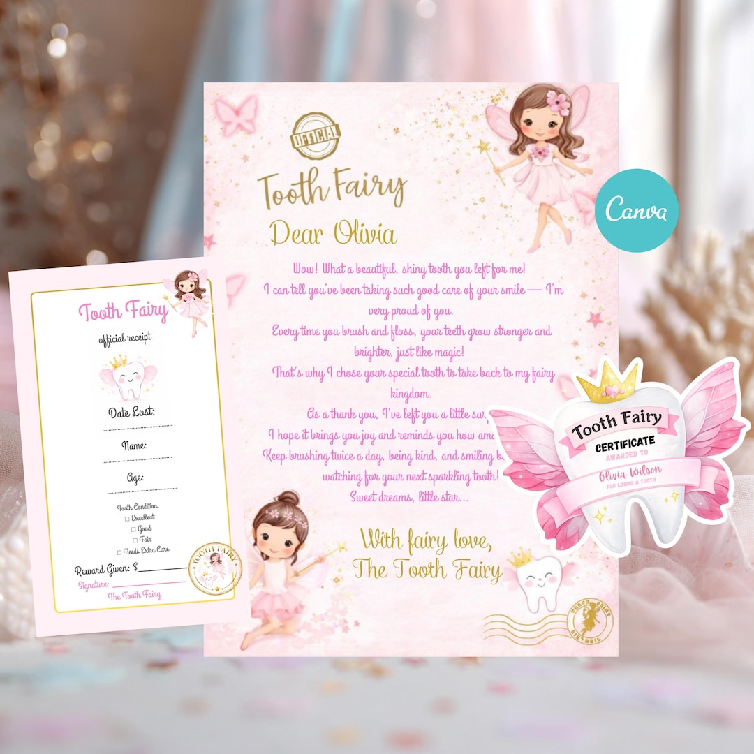 Tooth Fairy Letter & Receipt Bundle Canva Template, Editable Tooth ...