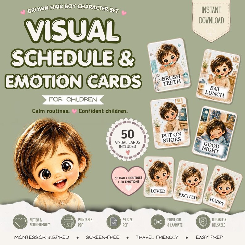 Visual Schedule & Emotion Cards, Brown Hair Boy Character Set, Autism ...