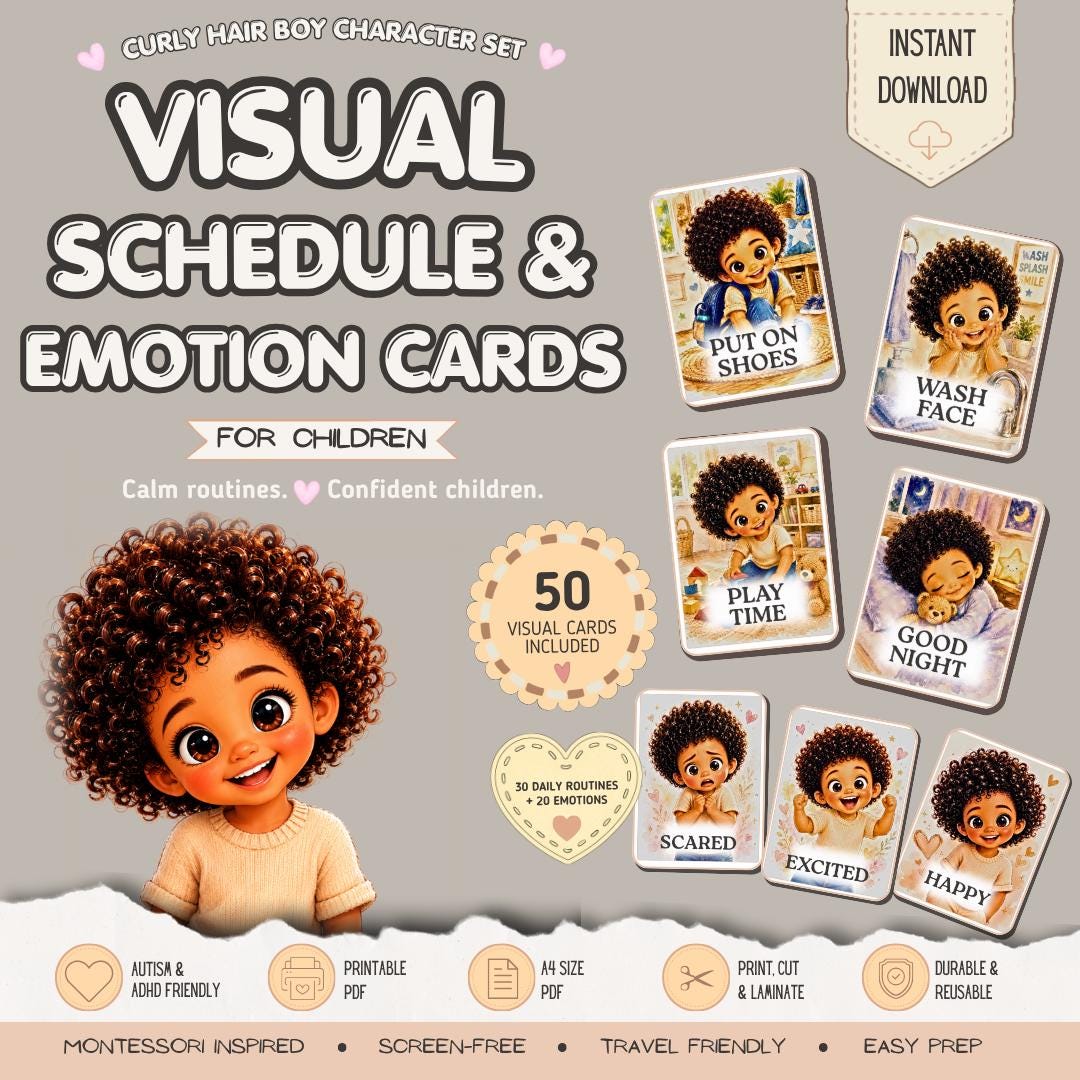 Visual Routine Cards & Emotion Cards, Curly Hair Boy Character, Autism ...