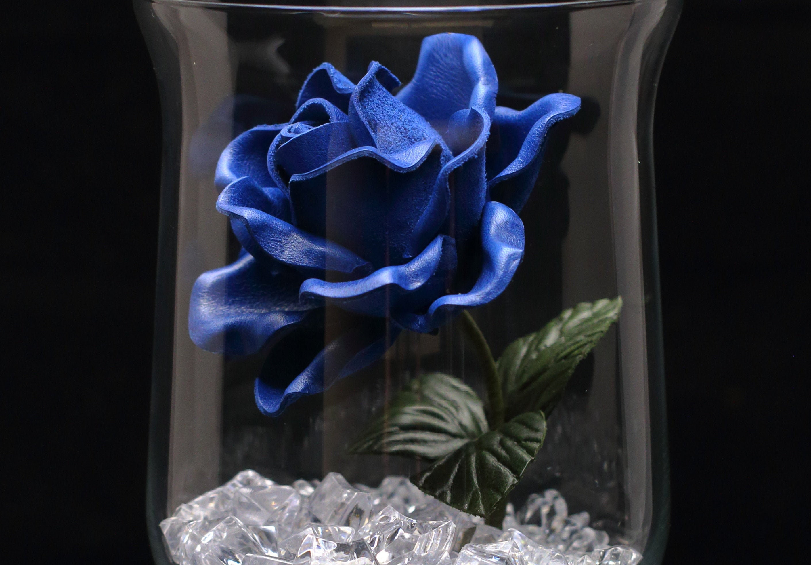 Leather rose personalized royal blue leather flower in glass | Etsy