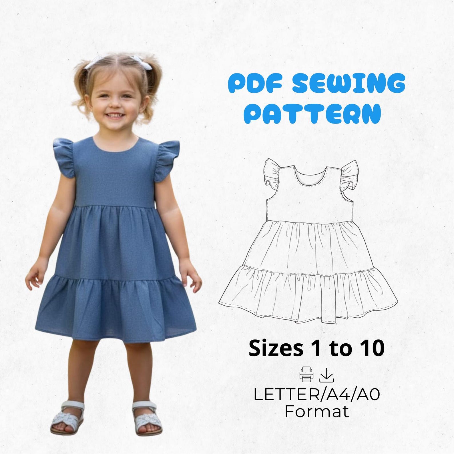 Toddler Girls Tiered Ruffle Dress Sewing Pattern, Sizes 1-14 (digital ...