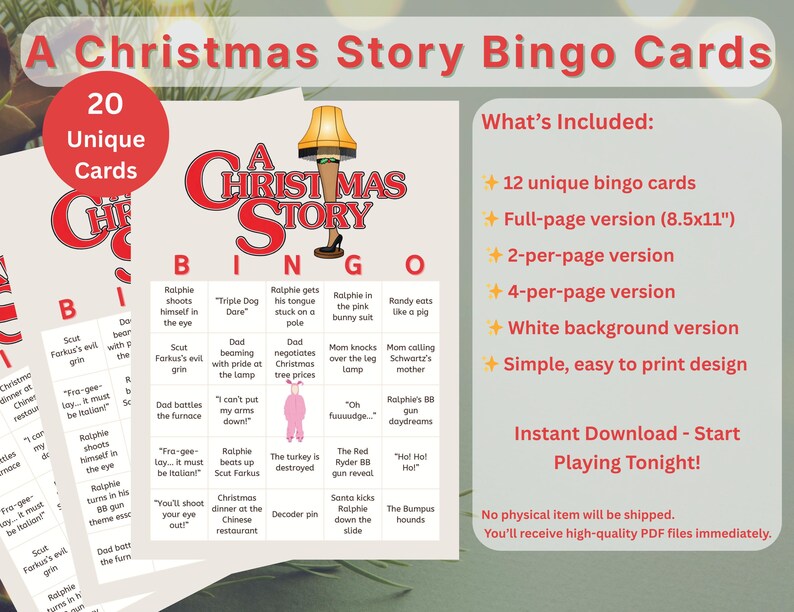 A Christmas Story Bingo | 20 Unique Cards | Multiple Layouts and White ...
